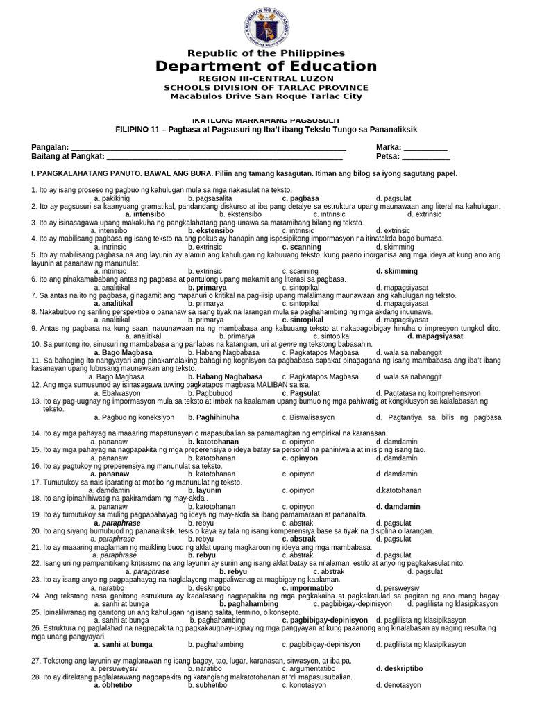 With Answer Key TOS - Pagbasa at Pagsusuri - Q3 | PDF