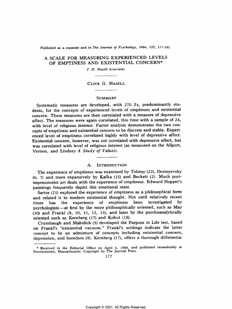 A Scale For Measuring Experienced Levels of Emptiness and Existential Concerns | PDF