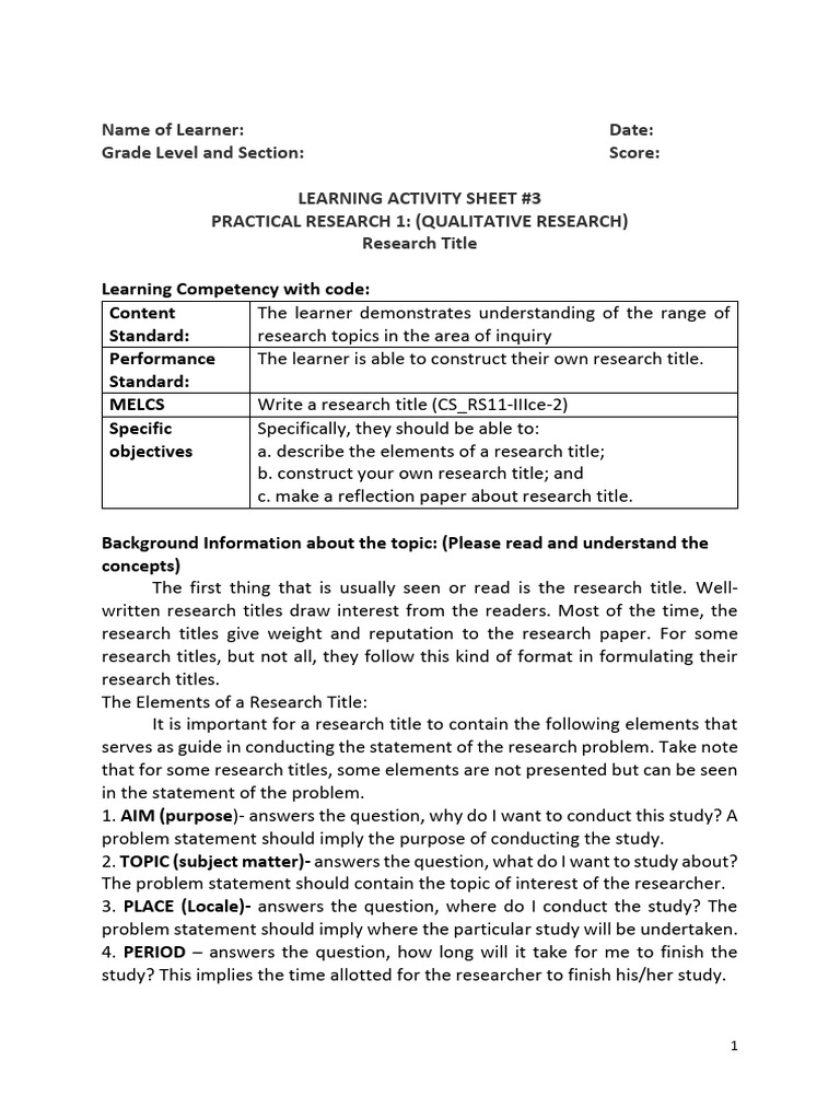 Activity #3. 2nd Quarter. Practical Research 1 | PDF | Noun | Learning