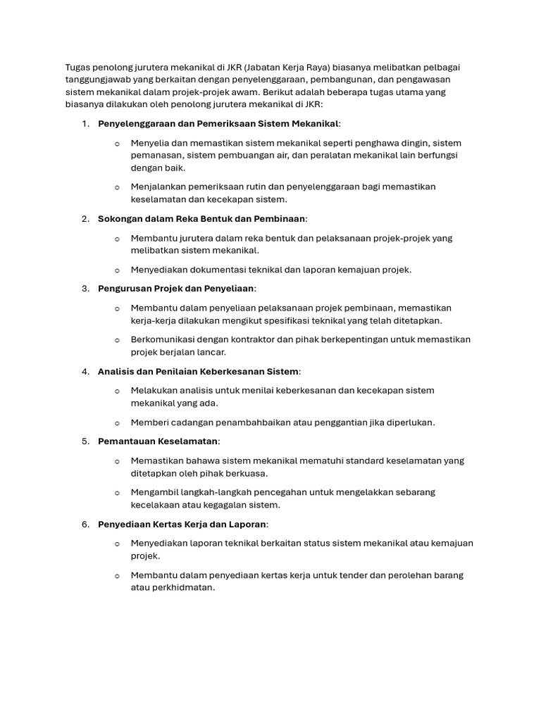 Tugas Penolong Jurutera Mekanikal JKR | PDF
