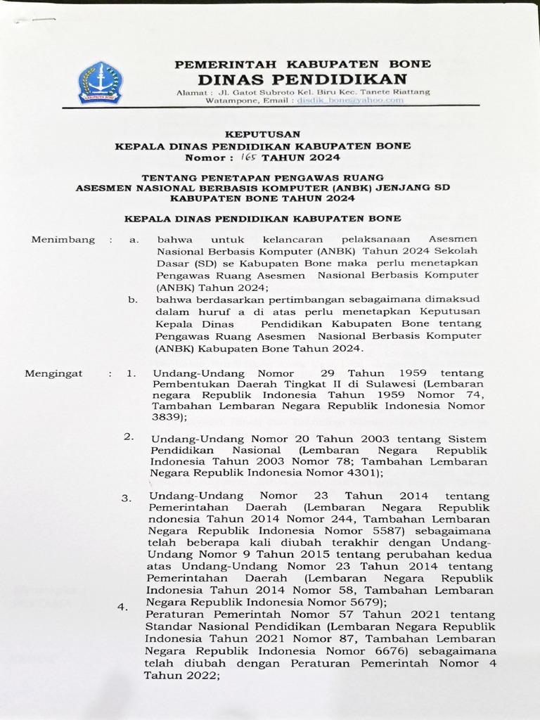 SK Pengawas Ruang ANBK SD 2024 | PDF