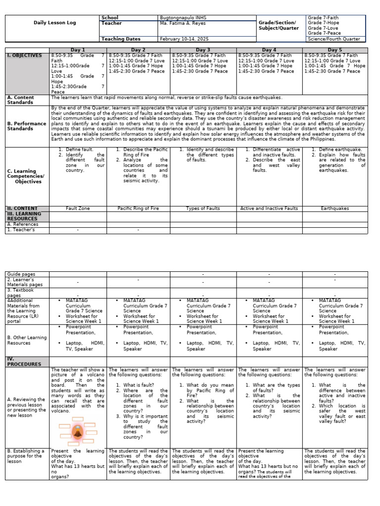 Grade 7 Earthquake and Fault Lesson Plan | PDF | Earthquakes | Learning