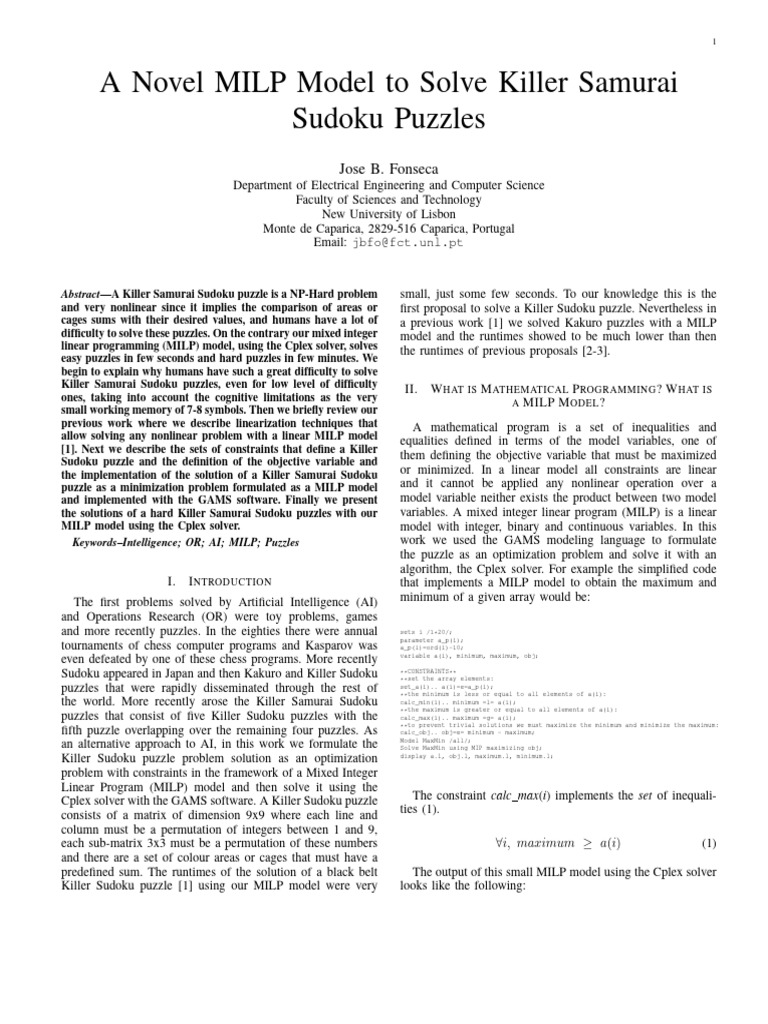 A_Novel_MILP_Model_to_Solve_Killer_Samurai_Sudoku_Puzzles | PDF | Linear Programming ...