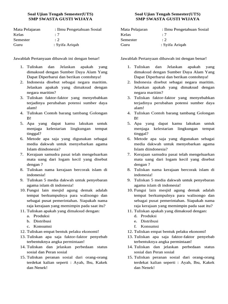Soal Ujian Tengah Semester Kelas 7 IPS | PDF