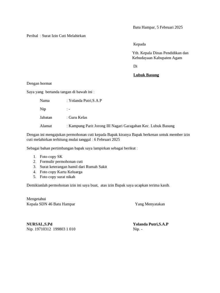 Surat Izin Cuti Melahirkan | PDF