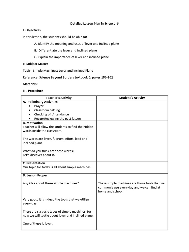 Detailed Lesson Plan in Science 6 Jan 14 | PDF | Lever | Machines