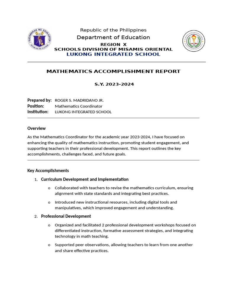 2023-2024 Math & Sports Report: Achievements | PDF | Teachers | Sports