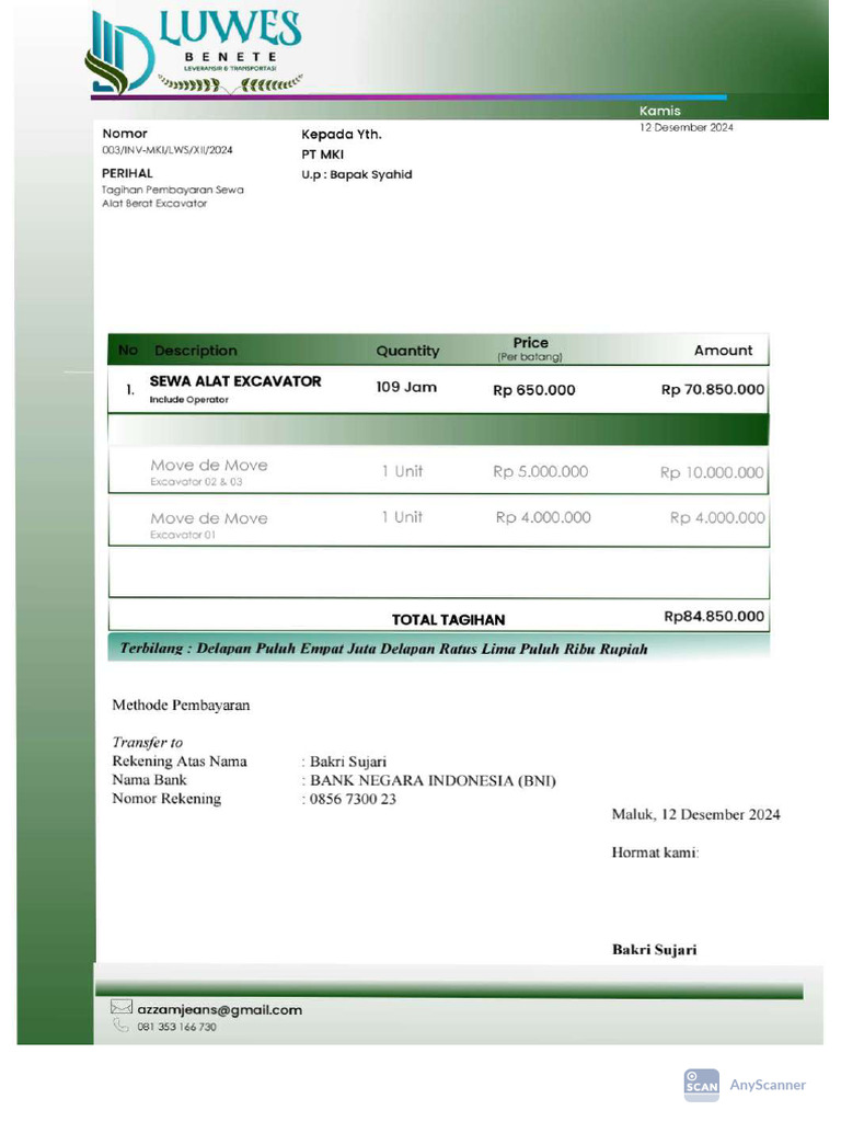 Invoice 003 PT Mki 12 Desember 2024 | PDF