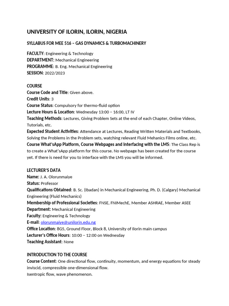 Course Syllabus for MEE516 | PDF | Fluid Dynamics | Turbomachinery