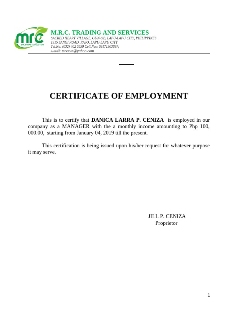 Certificateofemployment Danica | PDF
