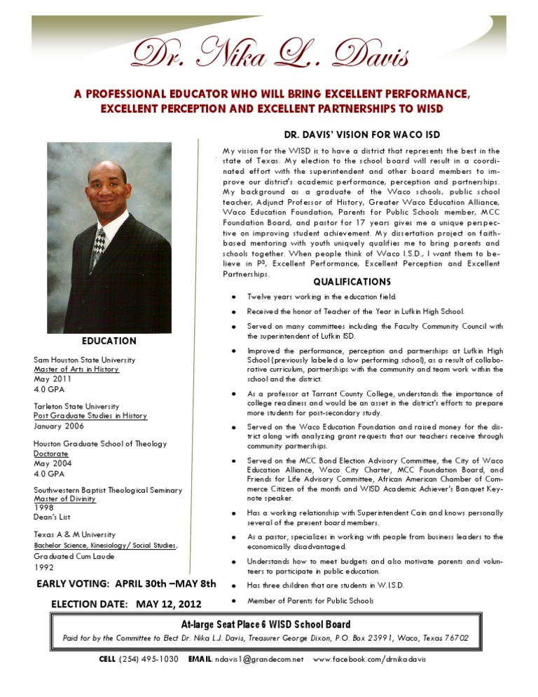 Dr. Nika Davis WISD in PUB Updtaed 04 21 12 | PDF | Waco | Graduate School