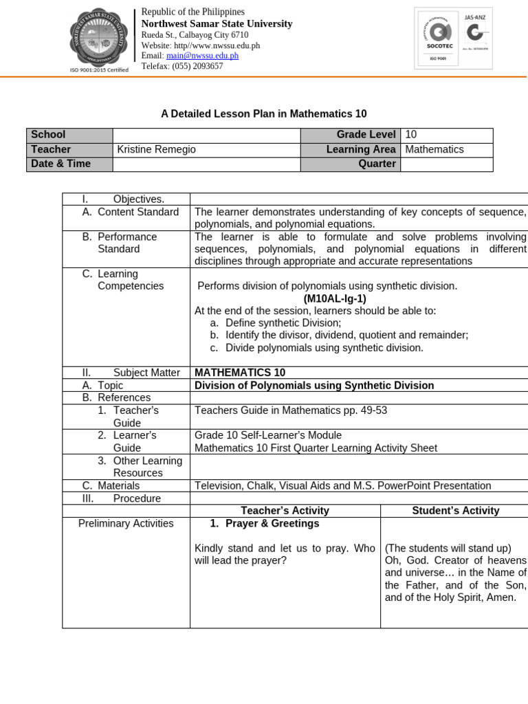 Math Lesson Plan for Grade 10 | PDF | Division (Mathematics) | Polynomial