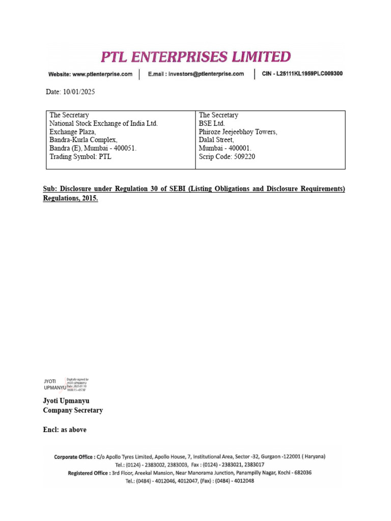 Sub: Disclosure Under Regulation 30 of SEBI (Listing Obligations and ...