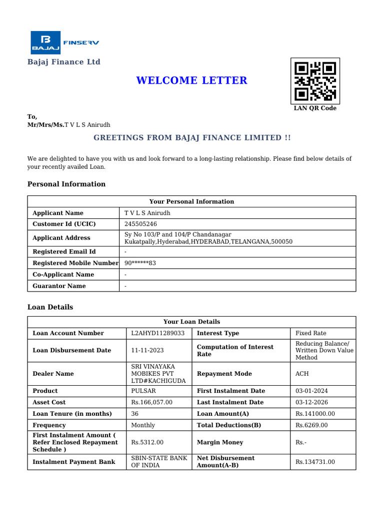 Bajaj Finance Loan Welcome Letter | PDF | Interest | Loans