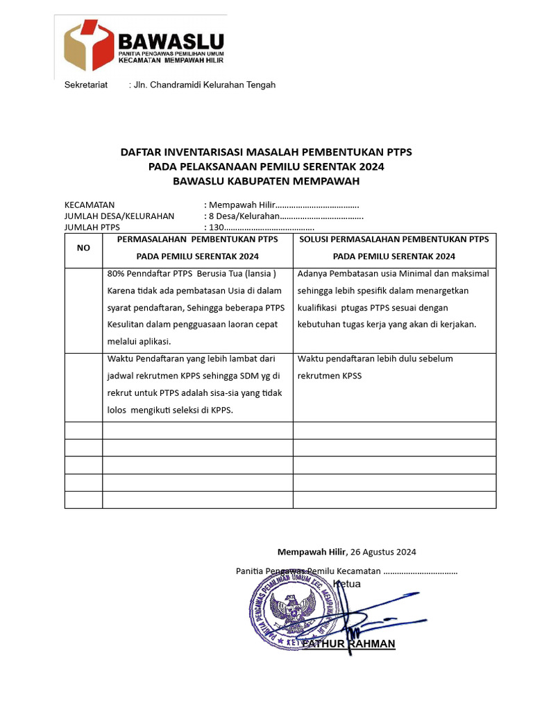 Masalah dan Solusi Pembentukan PTPS 2024 | PDF