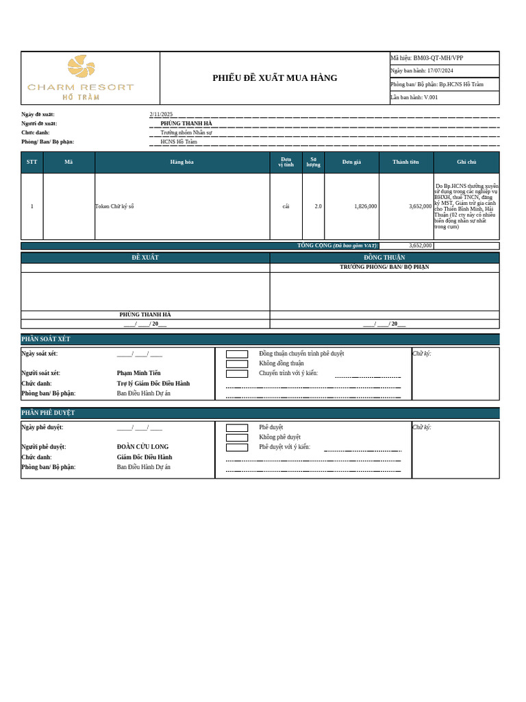 (BM03) Phieu de Xuat Mua Hang | PDF