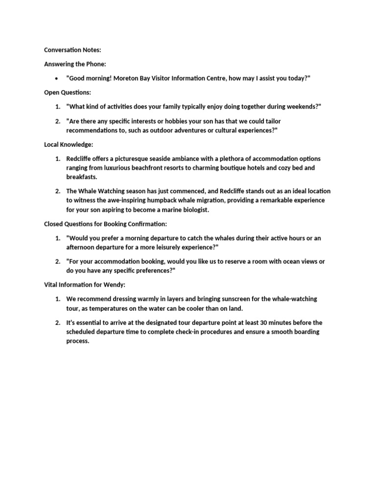 Moreton Bay Conversation Notes | PDF