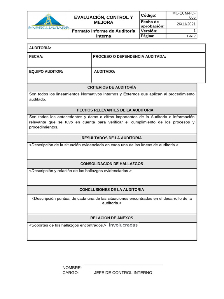 Formato Informe de Auditoria Interna de Gestion | PDF