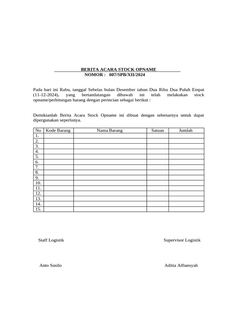 Berita Acara Stock Opname 2024 | PDF