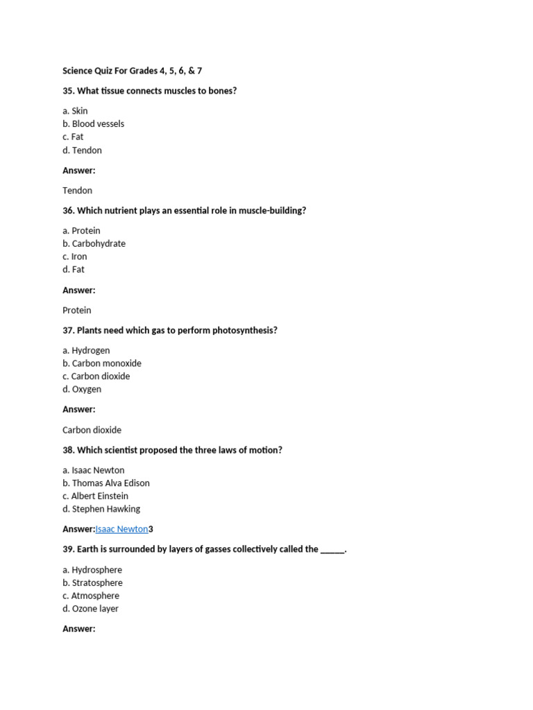 Science Quiz For Grades 5 | PDF | Force | Tissue (Biology)