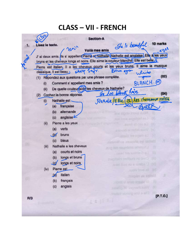 FRENCH Class 7 Sample Paper | PDF