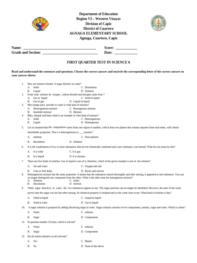 Science 6 First Quarter Test Questions | PDF | Mixture | Solubility