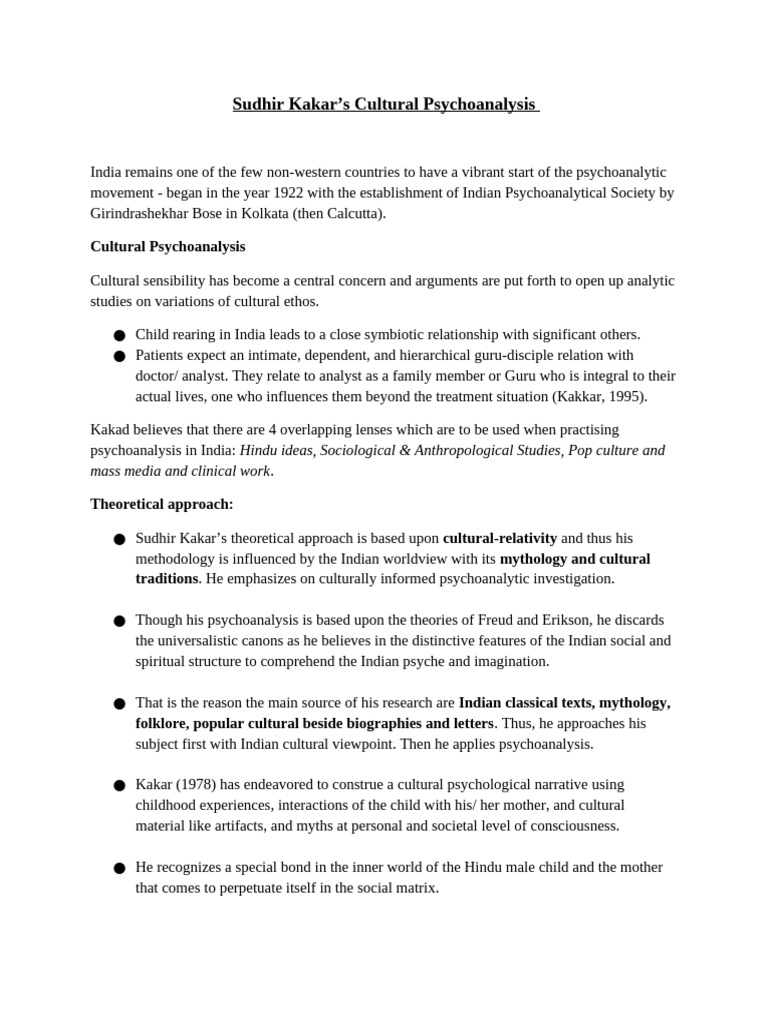 Sudhir Kakar's Cultural Psychoanalysis | PDF