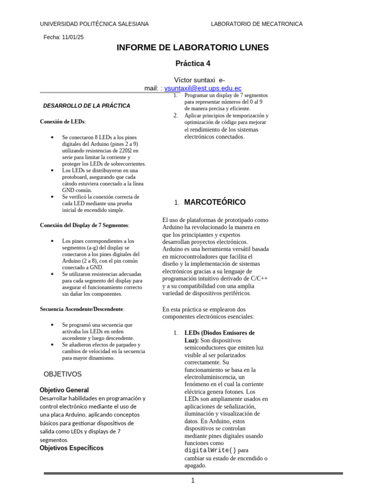 Informe de Practica Arduino Victor Suntaxi | PDF | Diodo emisor de luz | Arduino