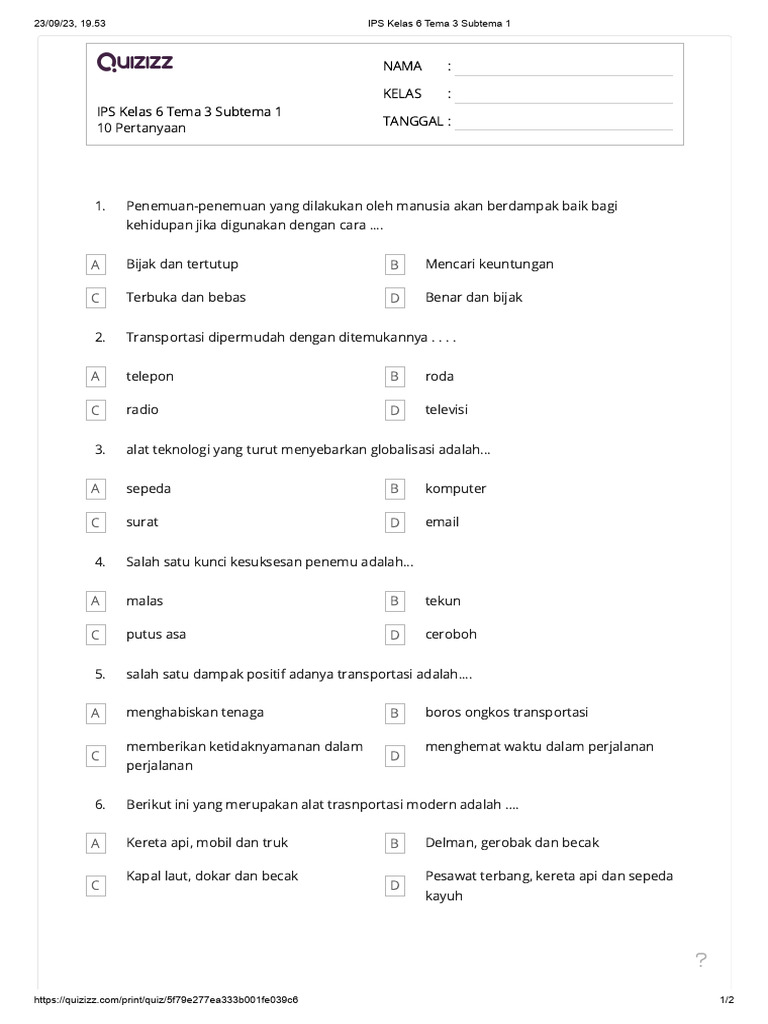 Kuis IPS Kelas 6: Penemuan & Teknologi | PDF