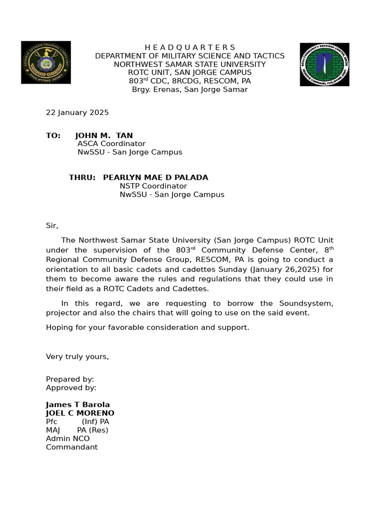 Rotc Orientation Letter | PDF