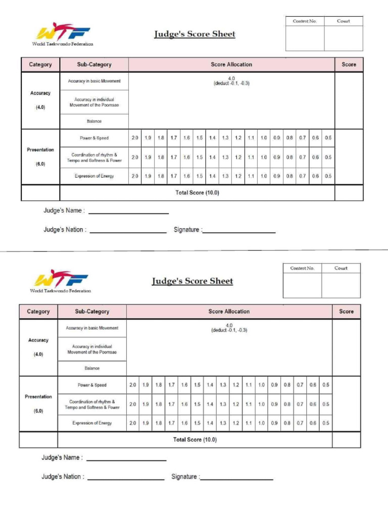 Poomsae Score Sheer | PDF