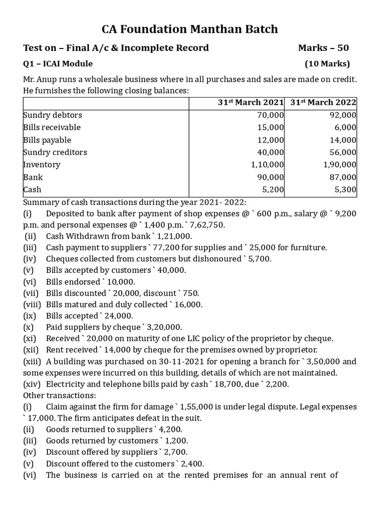 CA Foundation Manthan Batch: Test On - Final A/c & Incomplete Record ...