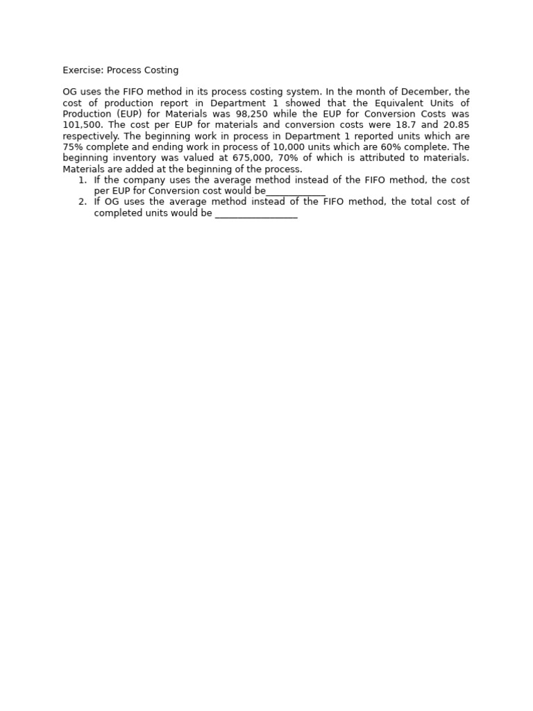 Exercise Process Costing | PDF