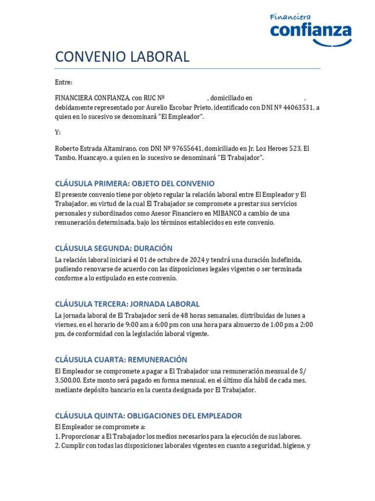 Convenio Laboral Asesor Financiero MIBANCO | PDF | Derecho laboral ...