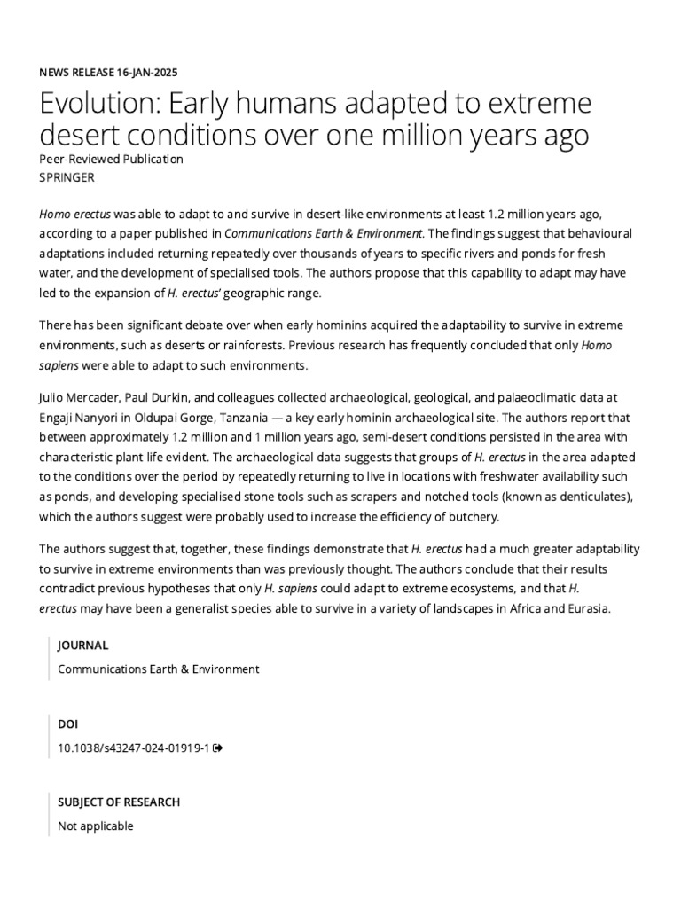 Evolution - Early Humans Adapted To Extreme | PDF