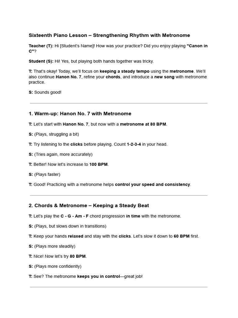 Sixteenth Piano Lesson - Strengthening Rhythm With Metronome | PDF ...
