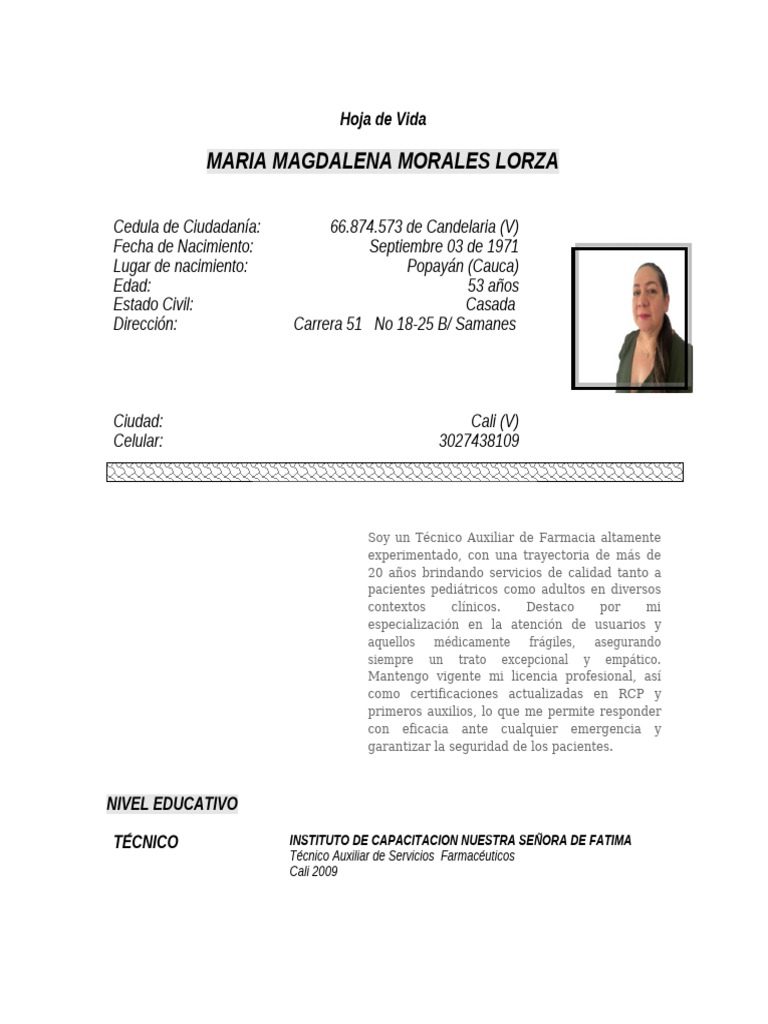 Nueva Hoja de Vida Morales Lorza Maria Magdalena | PDF | Farmacéutico ...