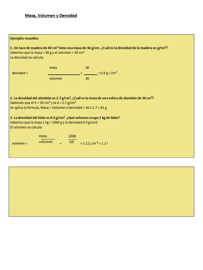 Ejercicios de Densidad Masay Volumen | PDF | Densidad | Volumen