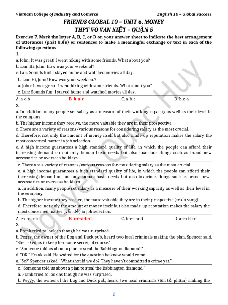 Friends Global 10 - Unit 6 - THPT Võ Văn Kiệt - Q5 - Key | PDF | Nobel Prize | Salary