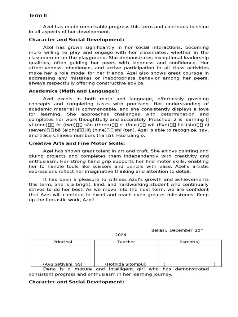 Term II Student Progress Reports | PDF | Teachers | Preschool