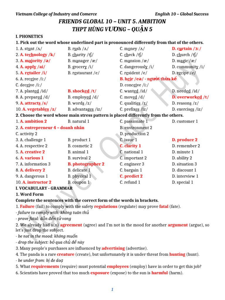 Friends Global 10 - Unit 5 - THPT Hùng Vương - Q5 - Key | PDF | Tourism | Linguistics