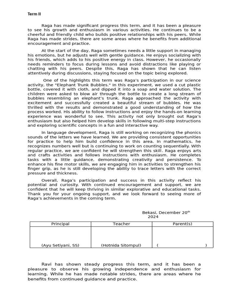 Progress Report Ps 2 A Term 2 | PDF | Teachers | Learning