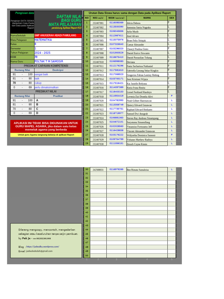Daftar Nilai Kelas 8 (Mapel) 2024 UPDATE | PDF