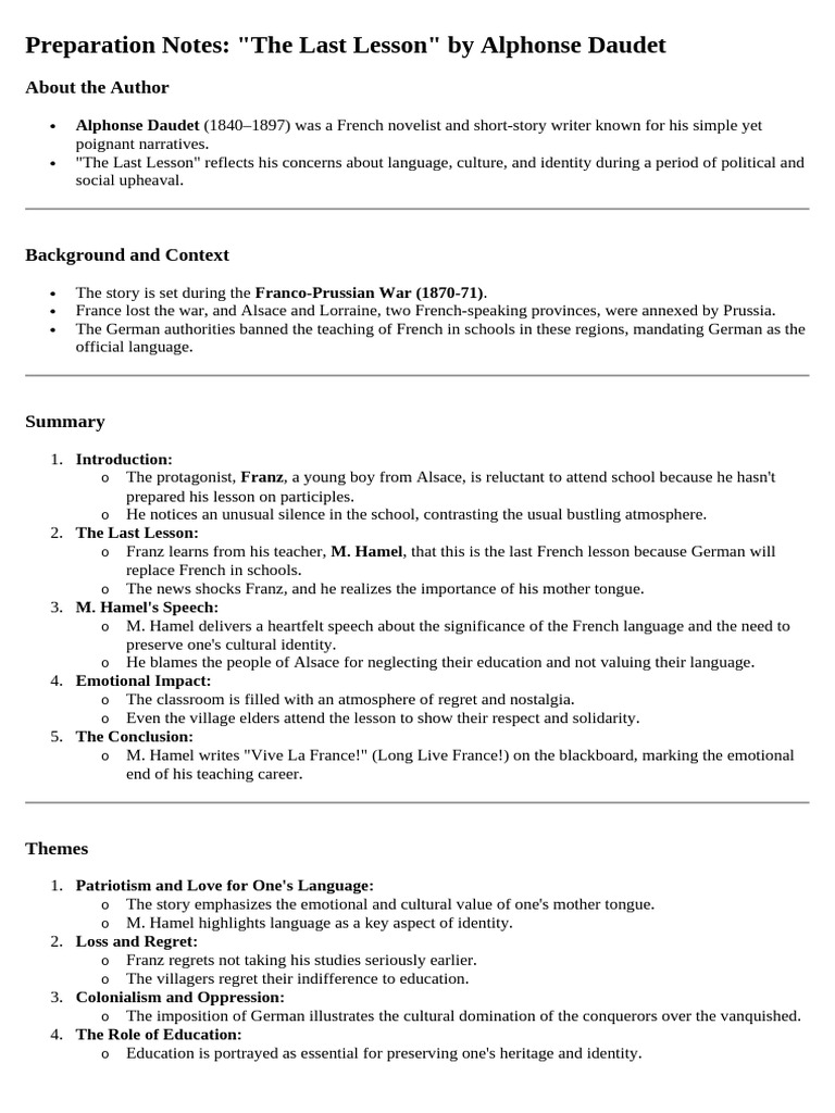 The Last Lesson Preparation Notes | PDF