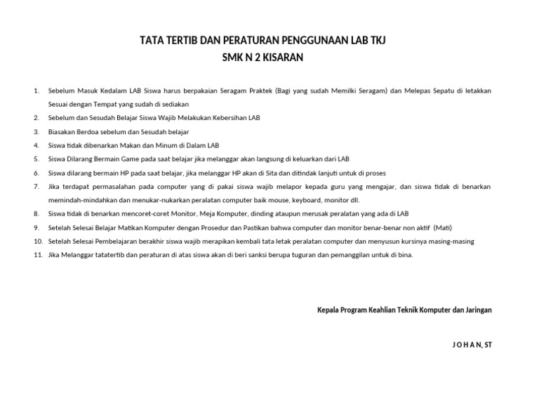 Tata Tertib Dan Peraturan Penggunaan Lab TKJ | PDF