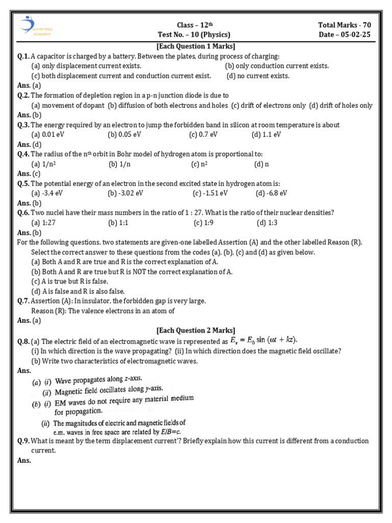 Test No. - 10 Solution (Chapter - Electromagnetic Waves, Ray Optics ...