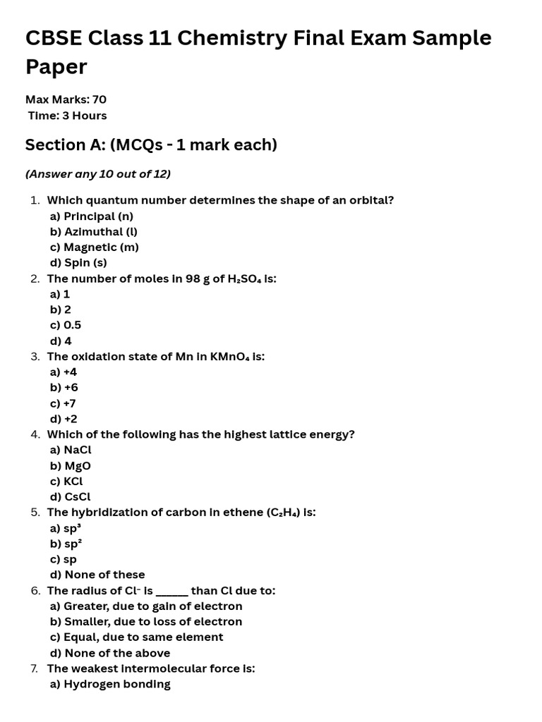 I got you! Here’s a CBSE Class 11 Chemistry Final Exam Sample Paper ...