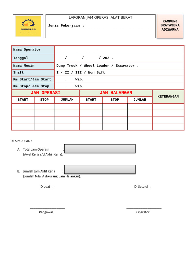 Laporan Jam Operasi Alat Berat | PDF