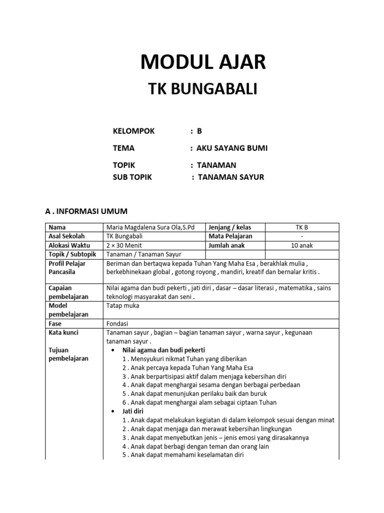Modul Ajar Tanaman Sayur untuk TK B | PDF