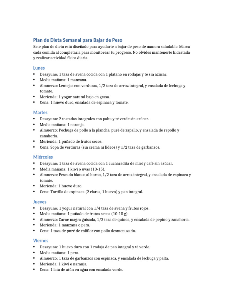 Dieta Semanal Bajar de Peso | PDF